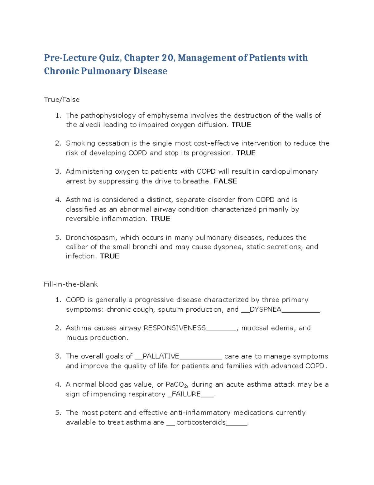 PLQ Chapter 20 - power points - Pre-Lecture Quiz, Chapter 20, Management of Patients with ...