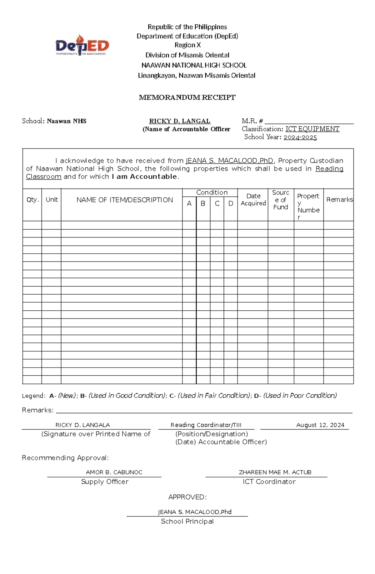 Memorandum-receipt-mr - Republic of the Philippines Department of ...