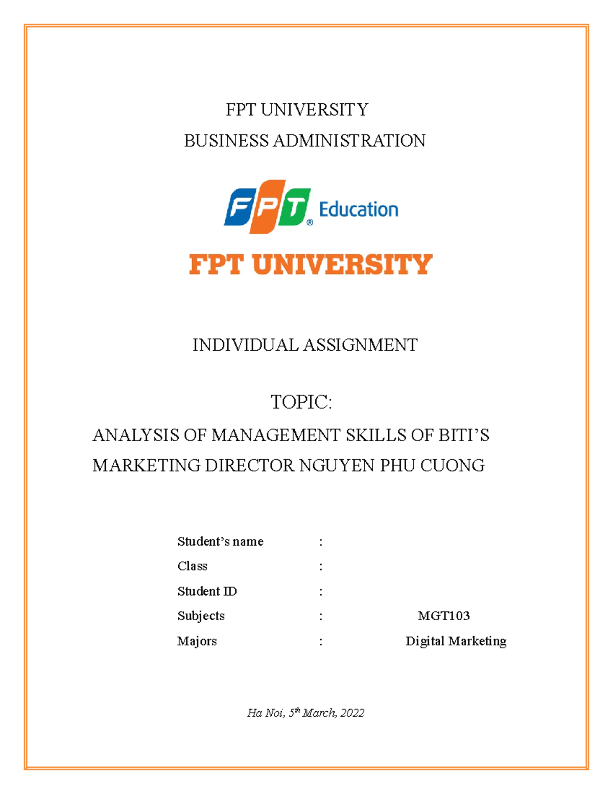 Individual Assignment MGT103-world - FPT UNIVERSITY BUSINESS ...