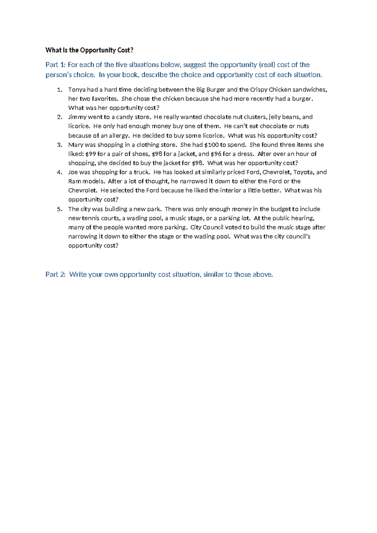 1.2.2 - Opportunity Cost Worksheet - What is the Opportunity Cost? Part ...
