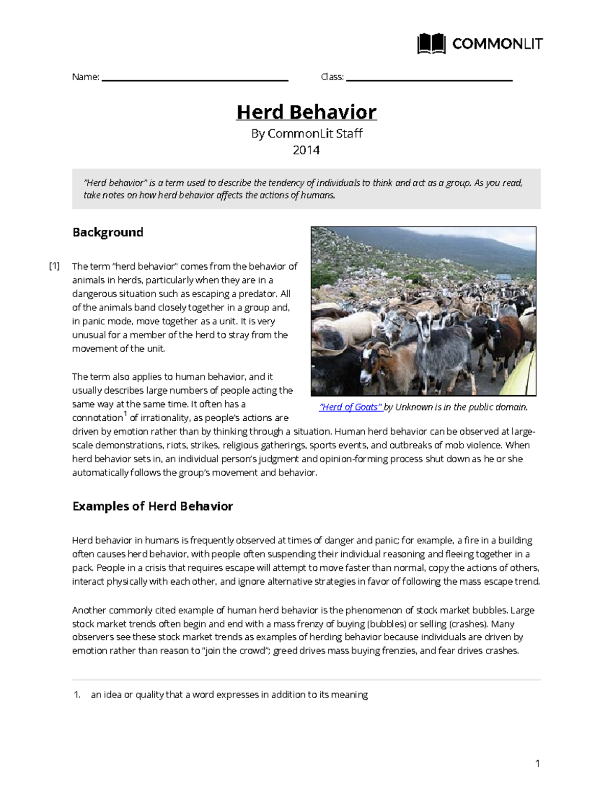Herd Behavior (Article & Questions) - Name: Class: "Herd of Goats" by ...