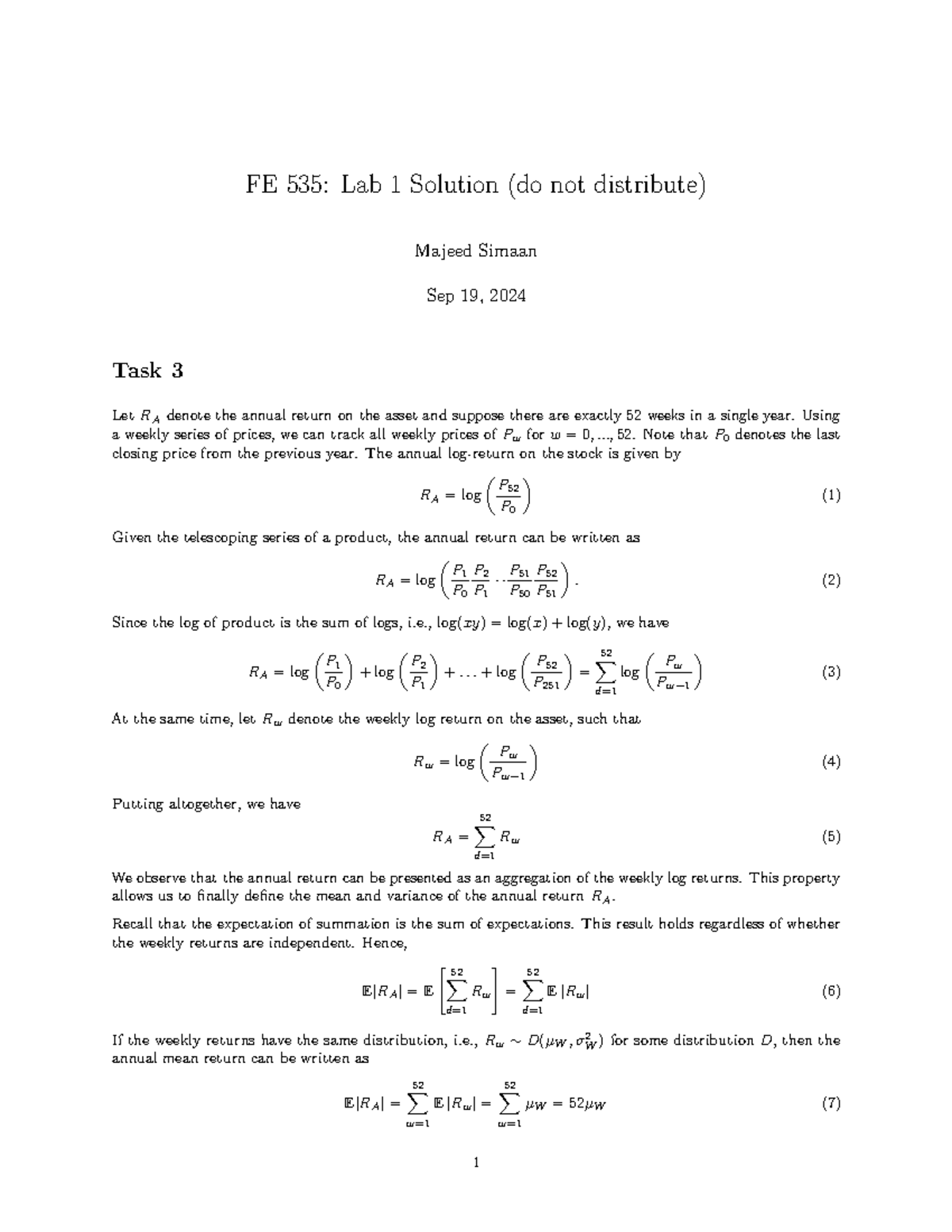 FE 535 Lab 01 Solution - note - FE 535: Lab 1 Solution (do not distribute) Majeed Simaan Sep 19 ...