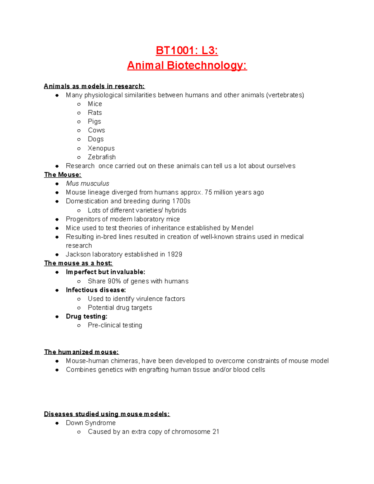 BT1001 L3 - lecture notes - BT1001: L3: Animal Biotechnology: Animals ...