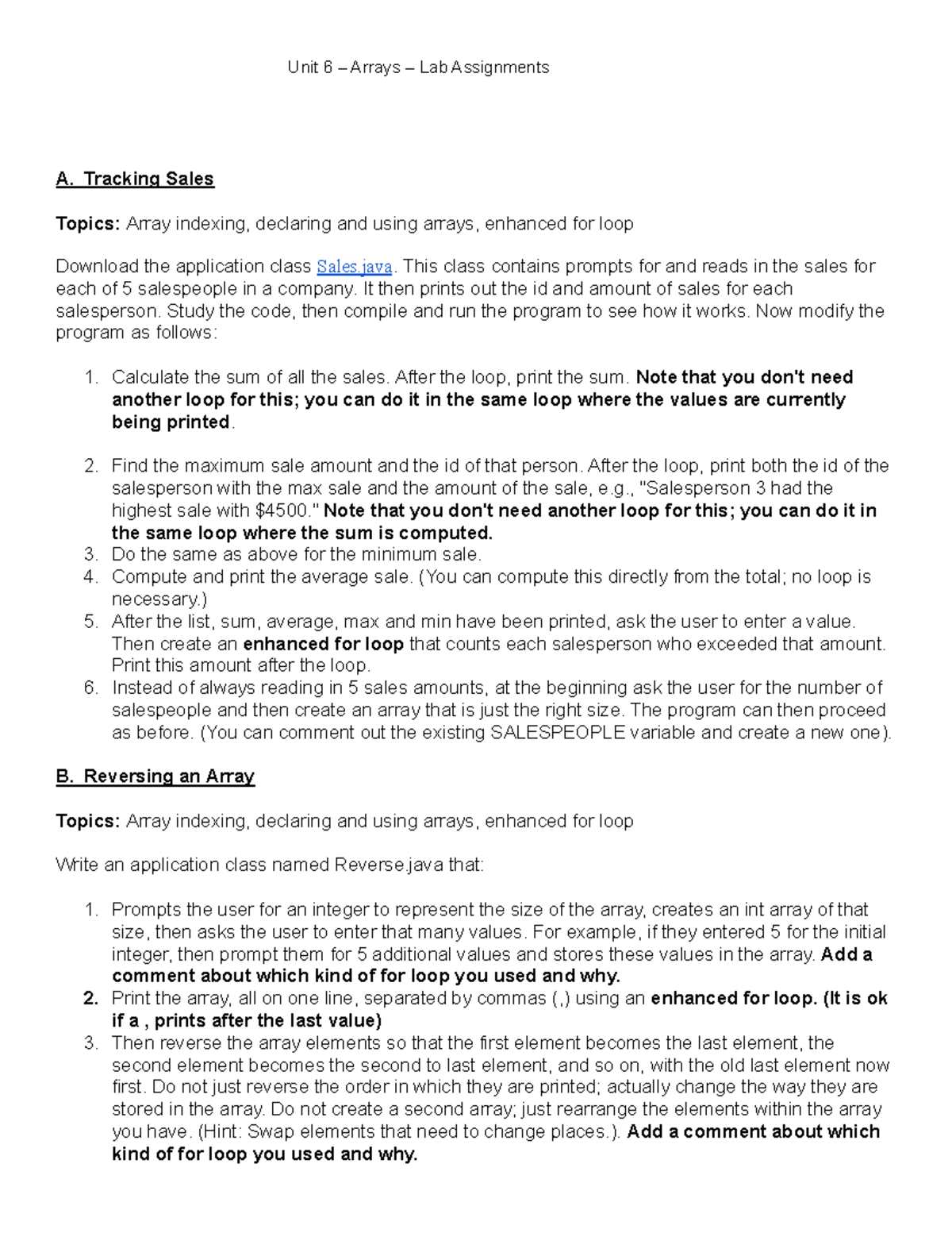 Copy of Unit 6 Lab 16 Directions - Unit 6 – Arrays – Lab Assignments A ...