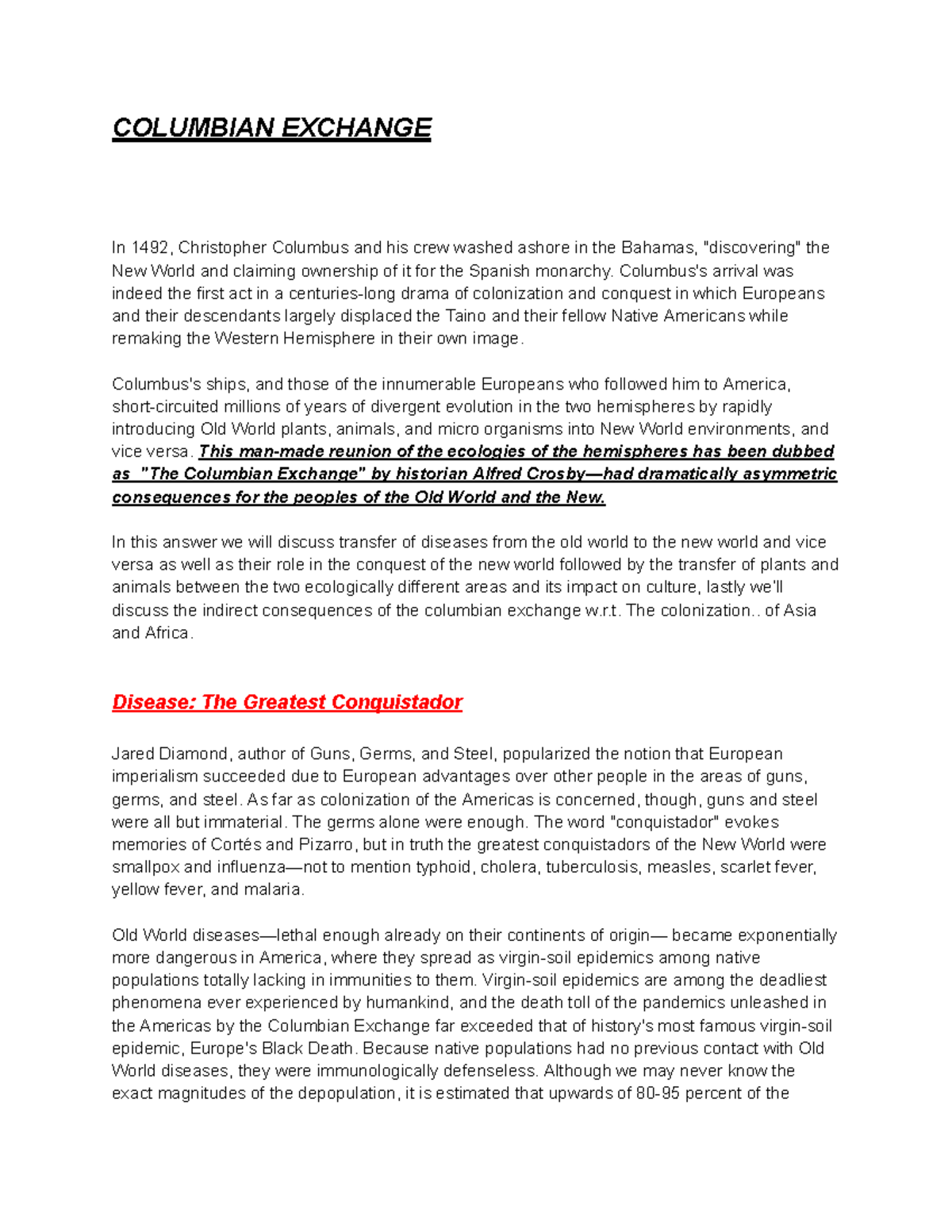 Columbian exchange and dust bowl - COLUMBIAN EXCHANGE In 1492 ...