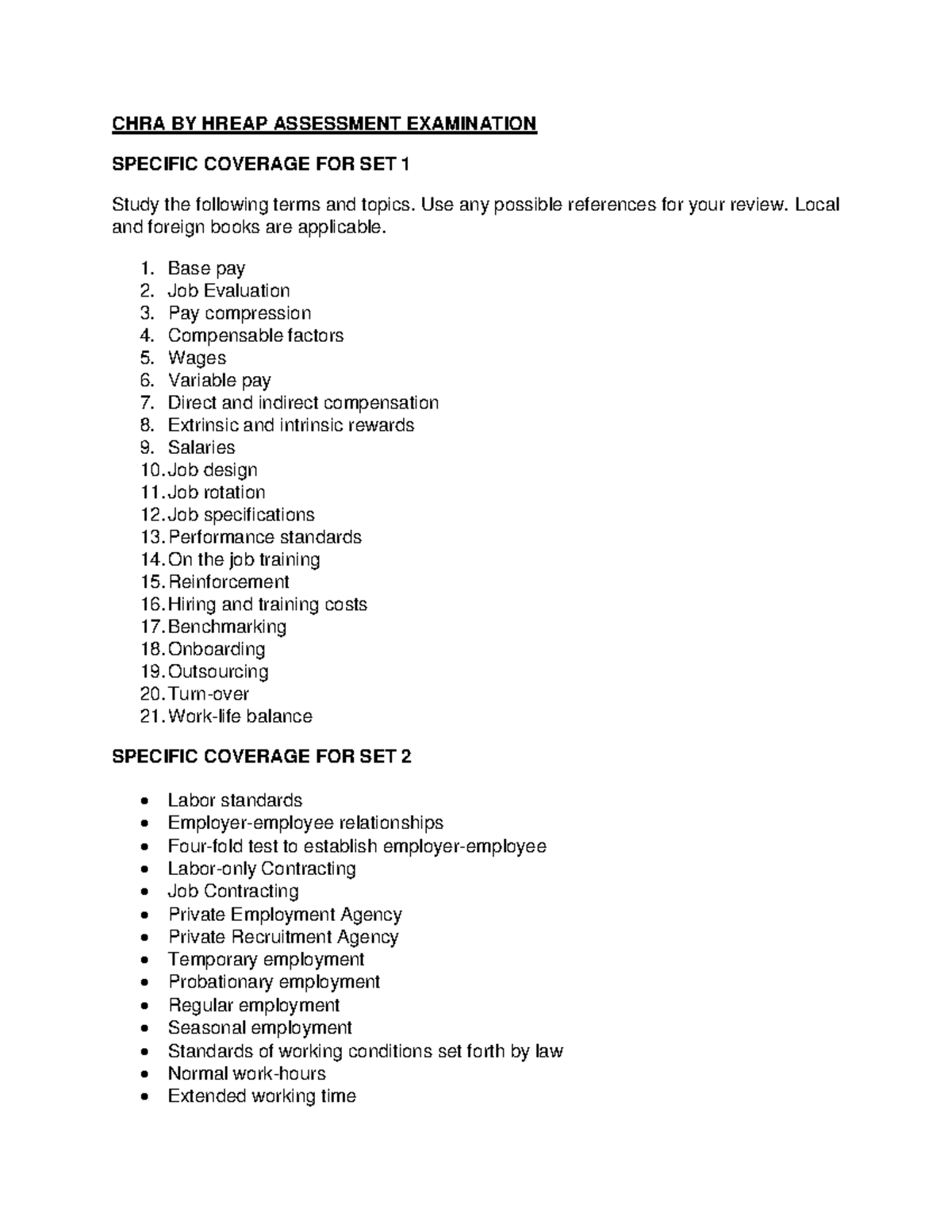 CHRA Specific Coverage - CHRA BY HREAP ASSESSMENT EXAMINATION SPECIFIC ...