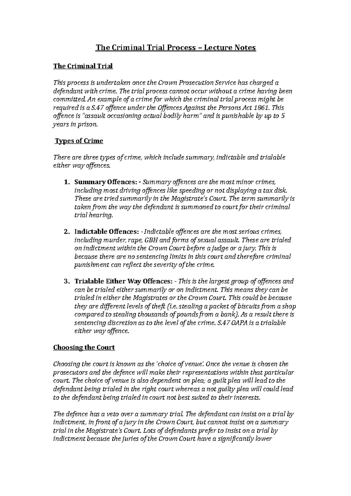 The Criminal Trial Process – Lecture Notes - The trial process cannot ...