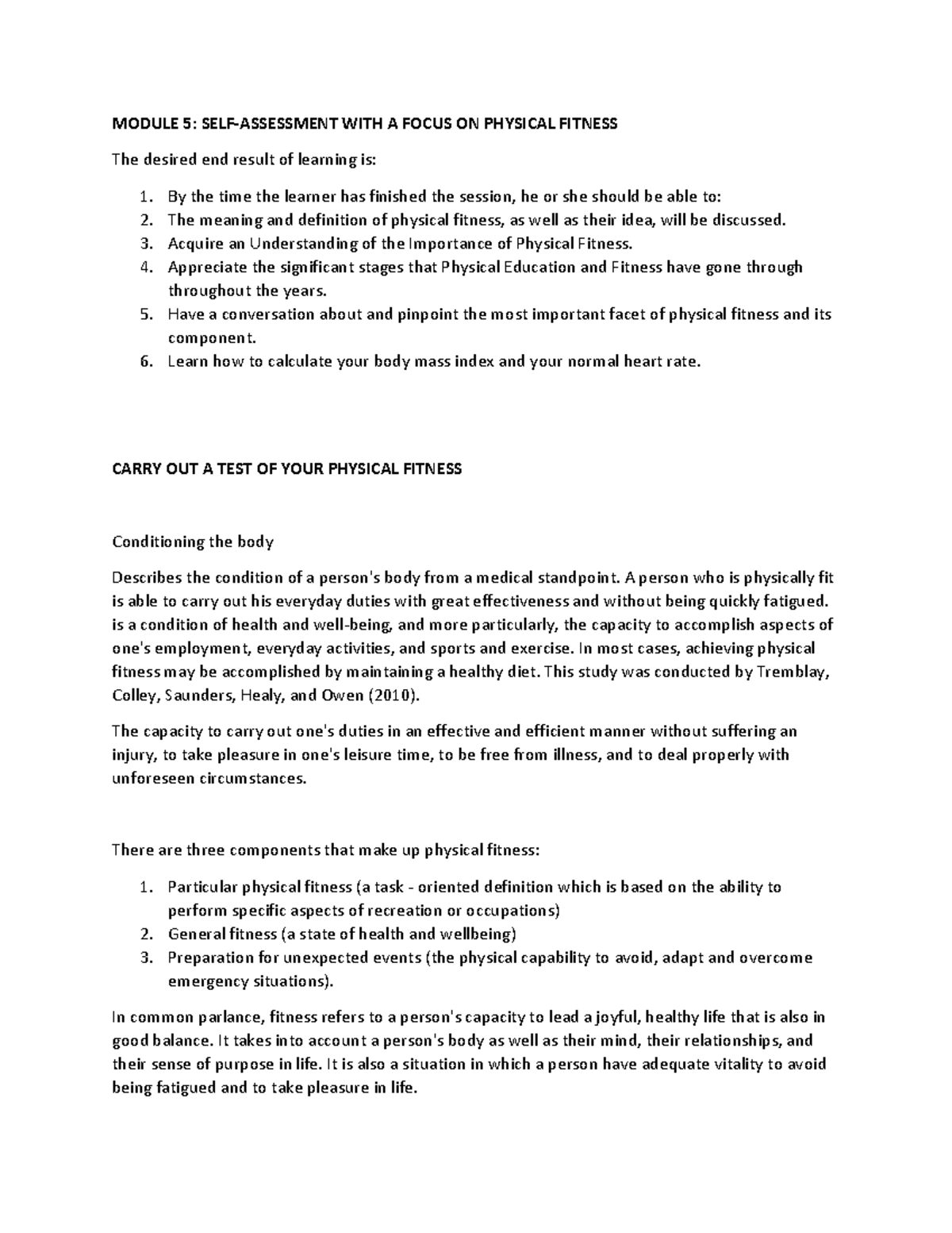 Module 5 - SELF- Assessment WITH A Focus ON Physical Fitness - MODULE 5 ...