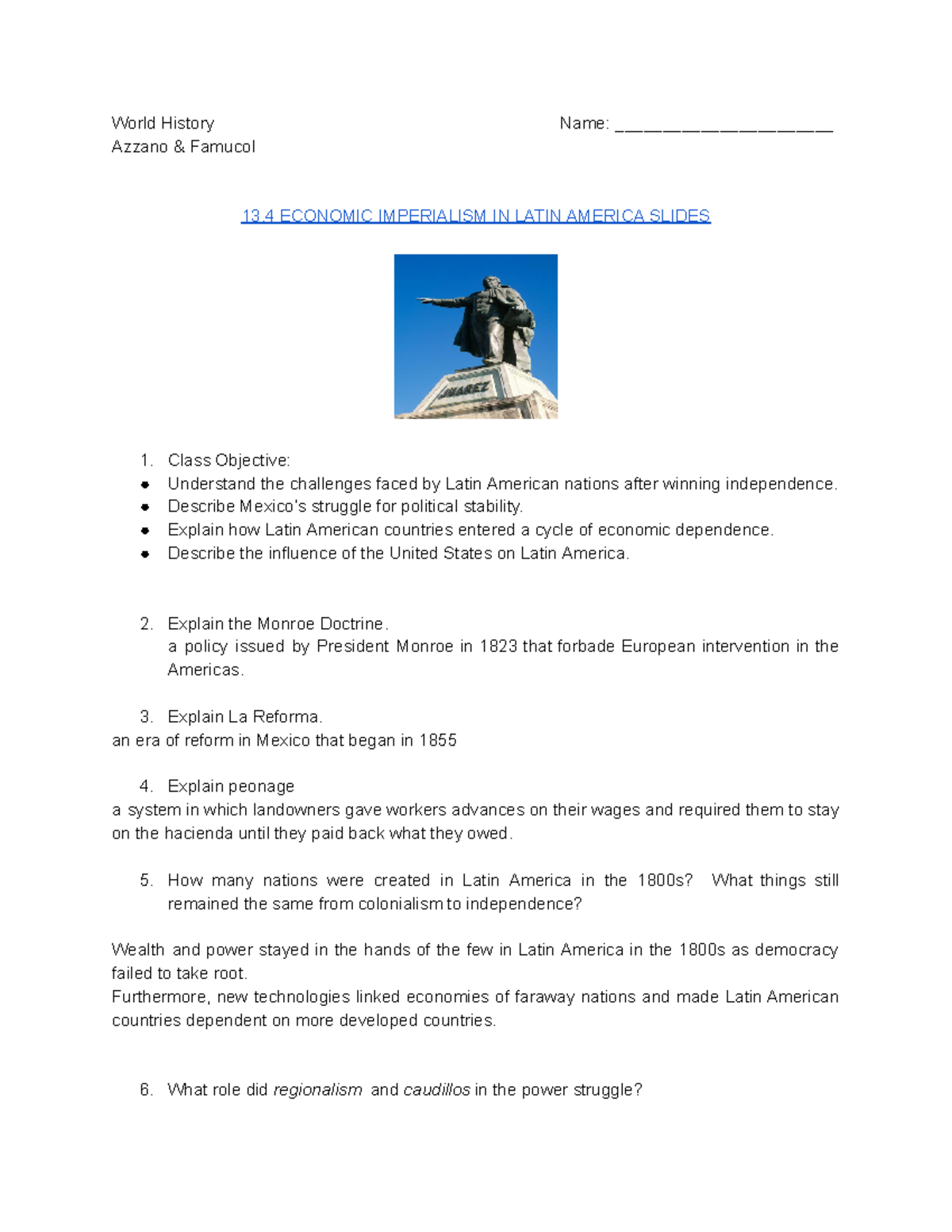 Jayla Durant - Economic Imperialism in Latin America Note Sheet - World ...