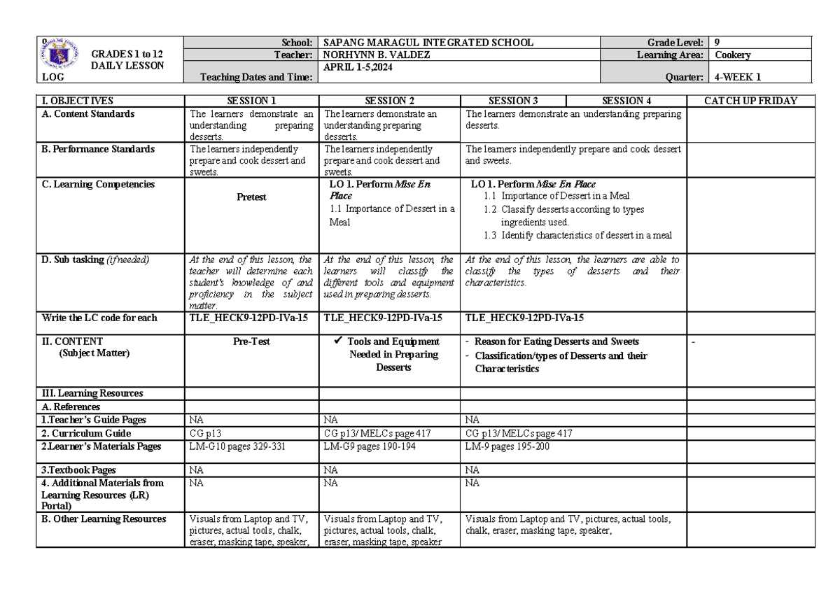 Cookery 9 DLL Q4 - n/a - 9 GRADES 1 to 12 DAILY LESSON LOG School ...