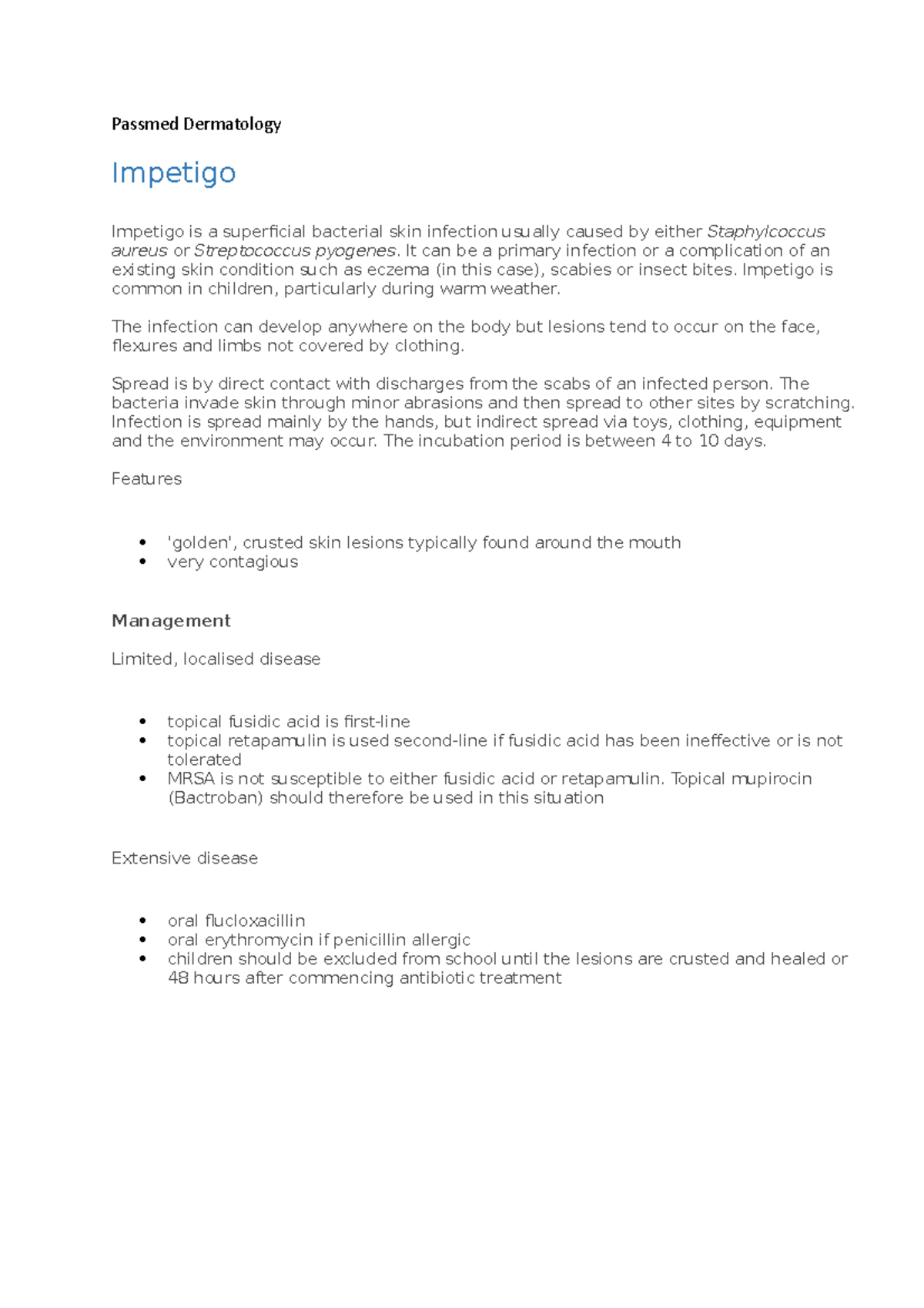 Passmed Dermatology - Finals Notes - Passmed Dermatology Impetigo ...