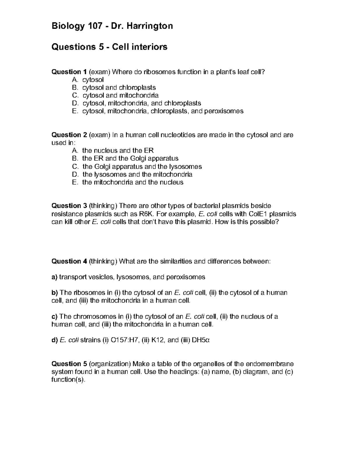 B107pq05- cell interiors - Biology 107 - Dr. Harrington Questions 5 ...
