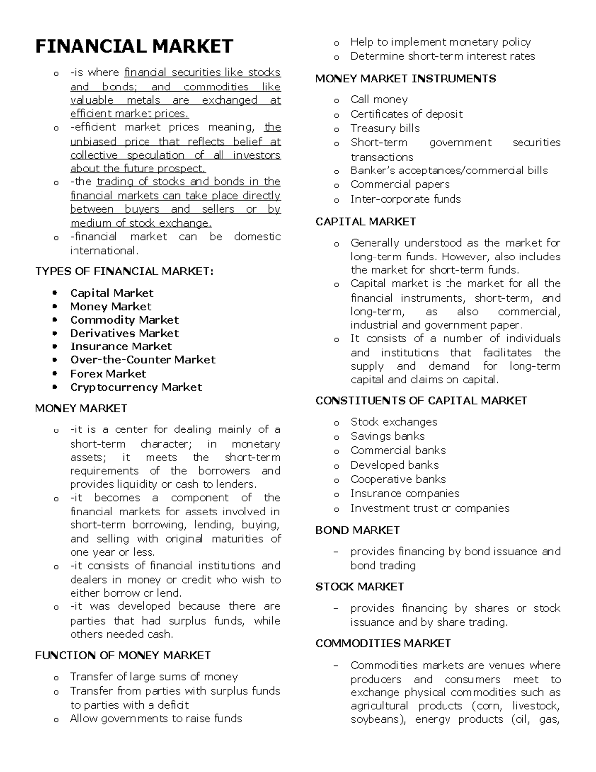 Financial Market - notes - FINANCIAL MARKET o -is where financial ...