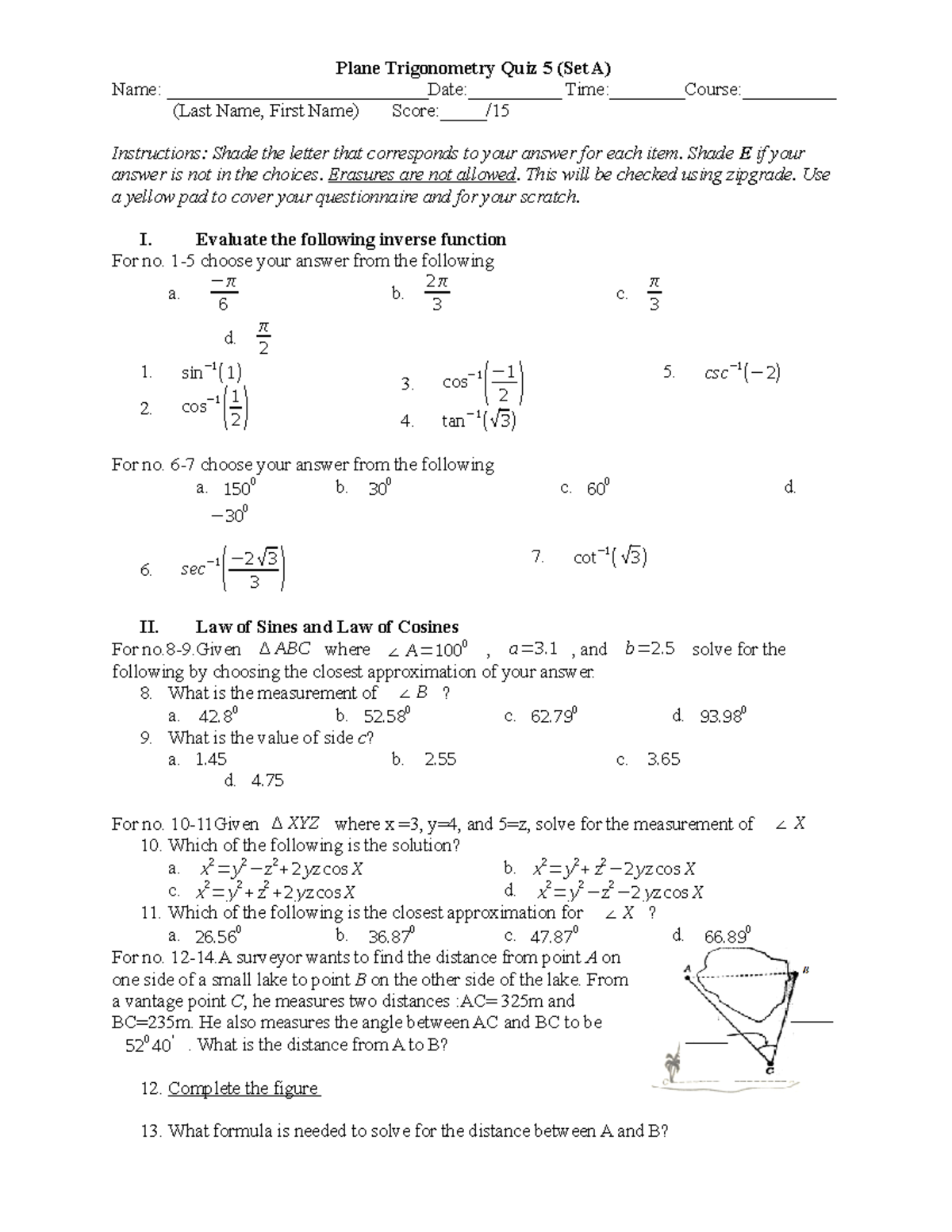 PT quiz 5(set A) - Plane Trigonometry - Plane Trigonometry Quiz 5 (Set ...
