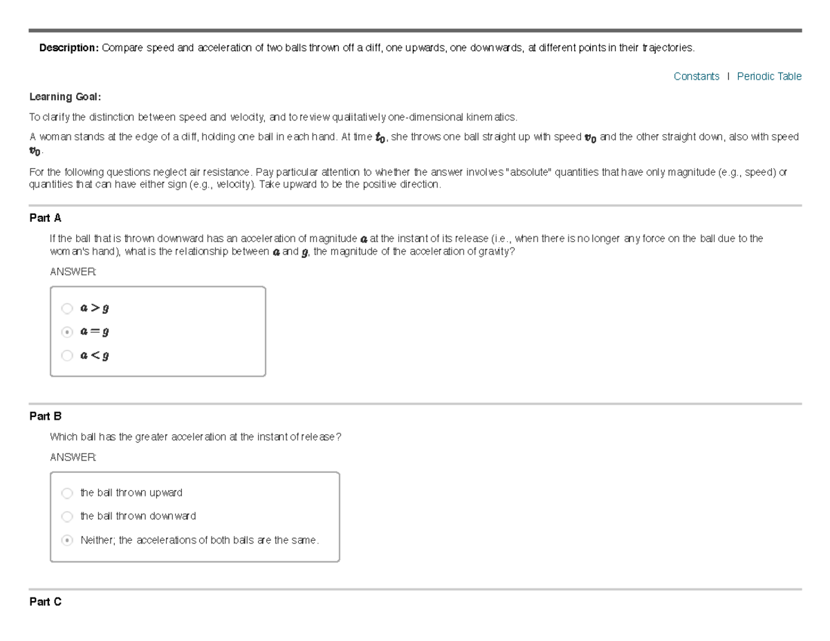 Mastering Physics Tossing Balls off a Cliff - Description: Compare ...