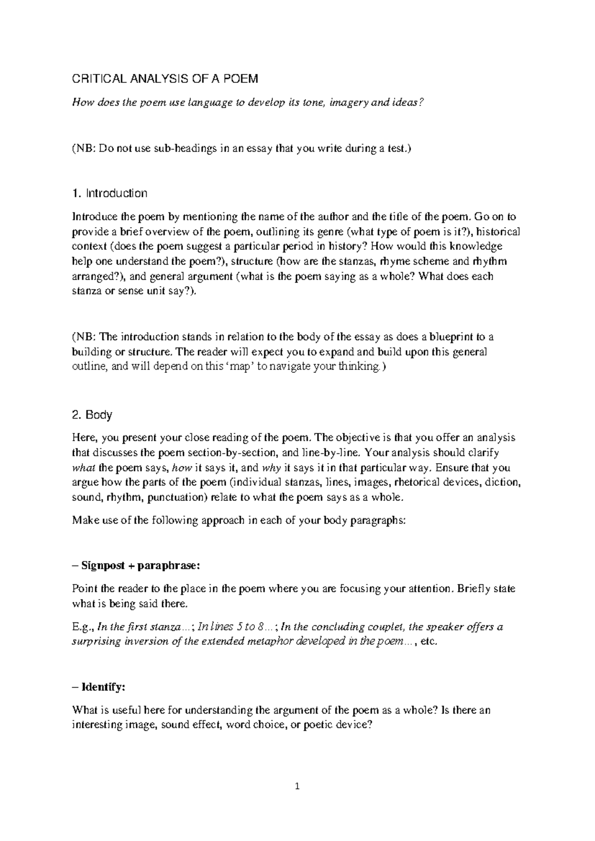 Analysing a poem - Poetry notes - 1 CRITICAL ANALYSIS OF A POEM How ...