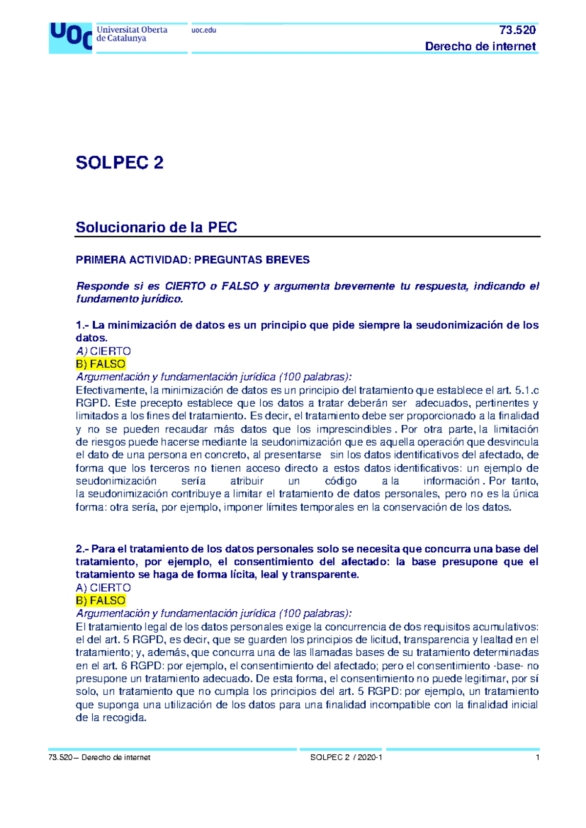 73 - 03520 Solpec 2 2020 - Derecho de internet SOLPEC 2 Solucionario de la PEC PRIMERA ACTIVIDAD ...