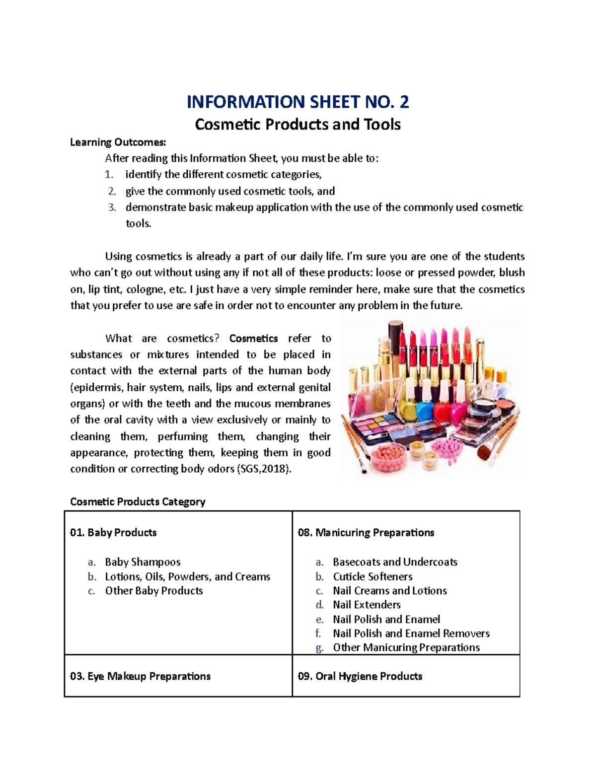 TLE IC 5 INFO Sheet 2 Cosmetic Products and Tools - INFORMATION SHEET ...