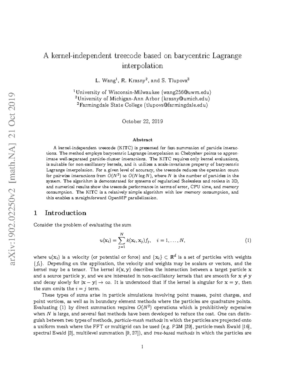 A Kernel Independent Treecode Based On Barycentric Lagrange Interpolation L Wang 2020 Wang 1