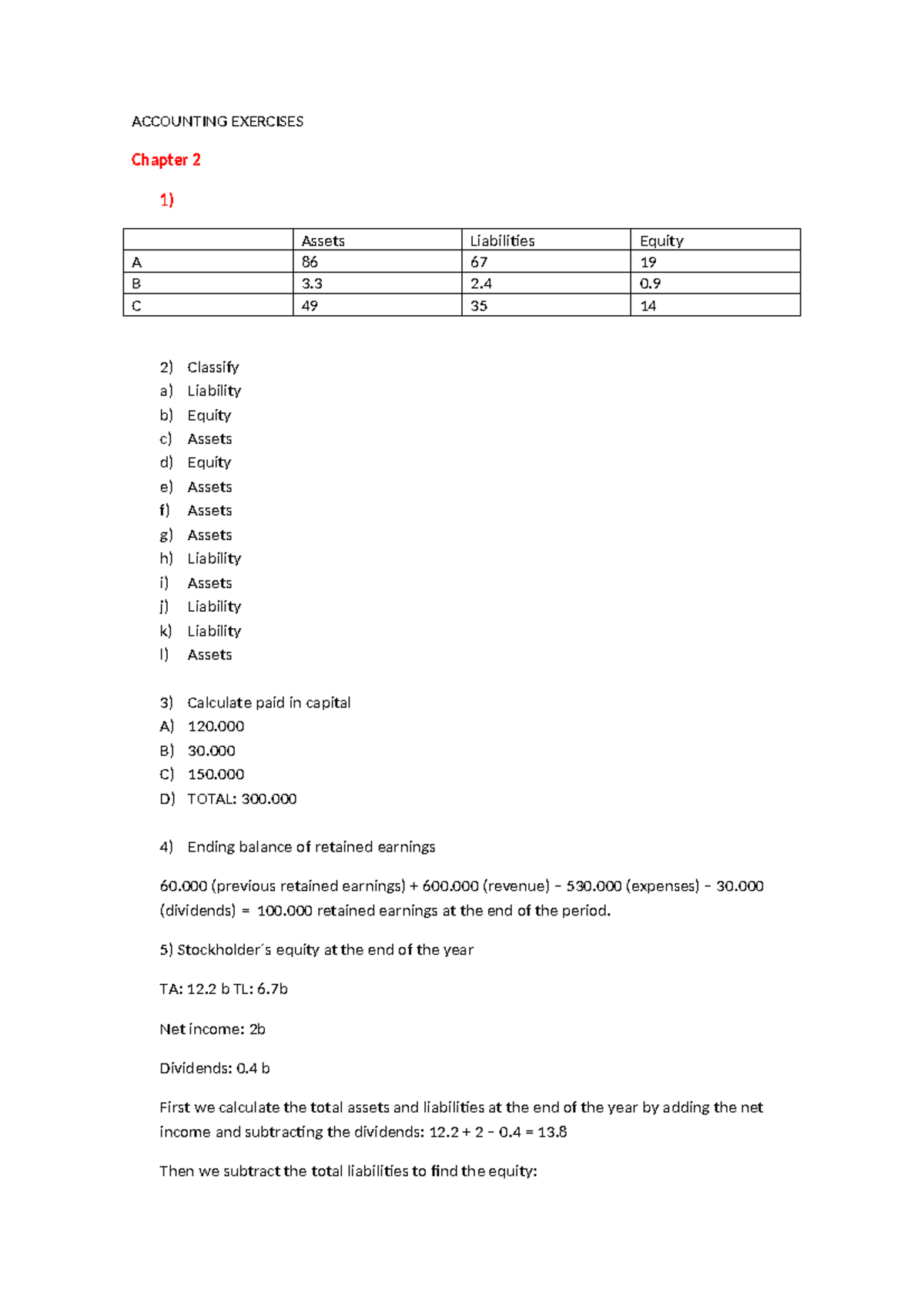 Accounting Exercises - ACCOUNTING EXERCISES Chapter 2 1) Assets ...