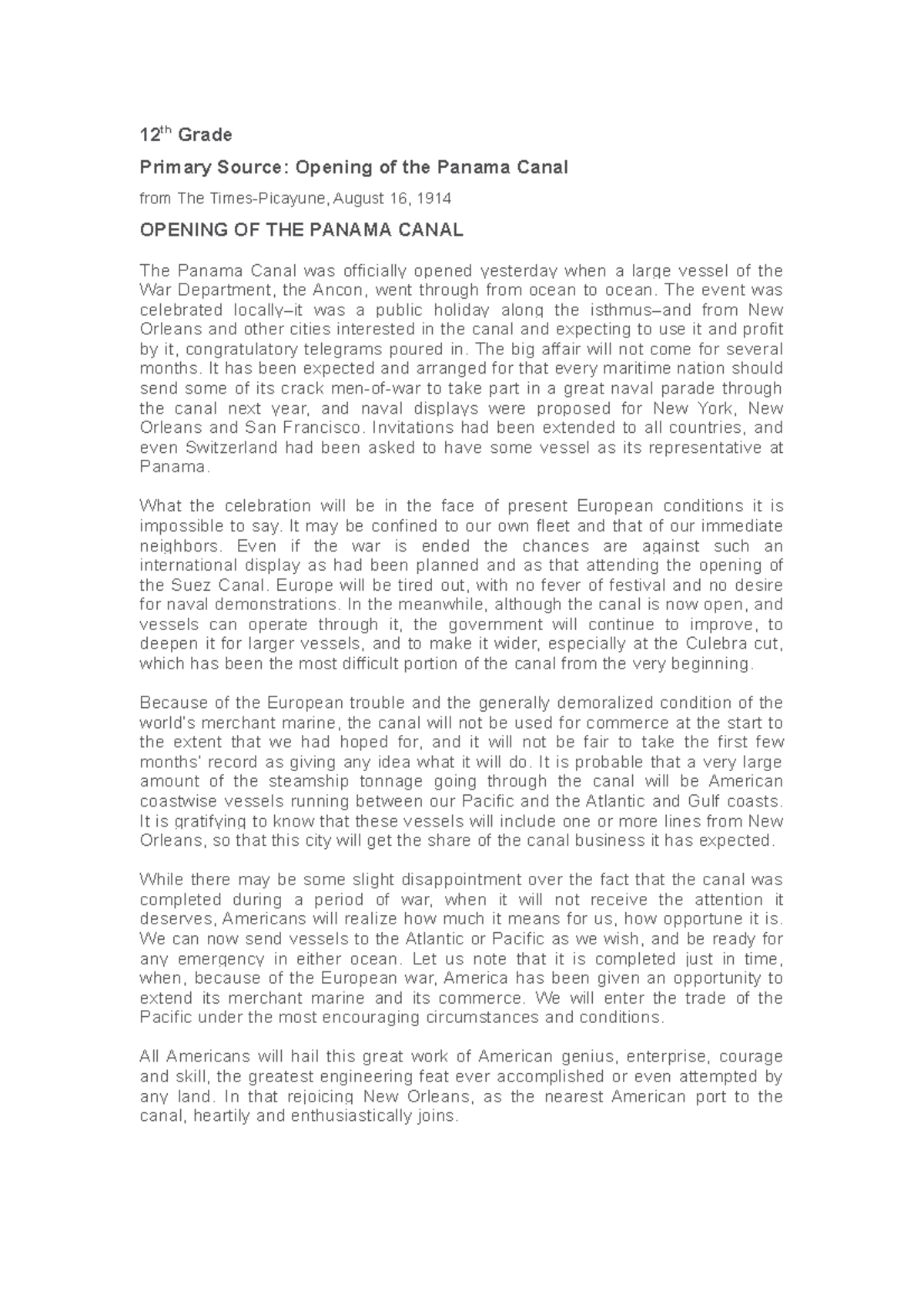 12th-Grade-Passage - Reading - 12 th Grade Primary Source: Opening of ...