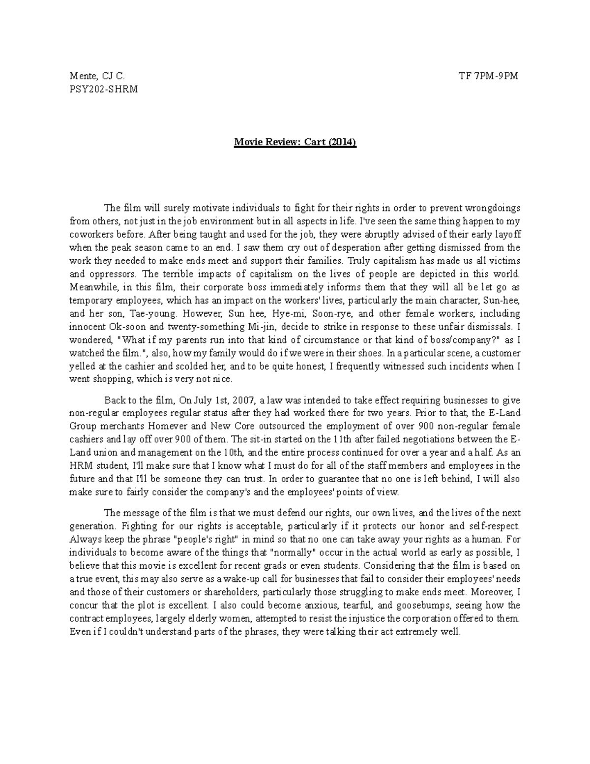 Cart-Movie Review - Essay - Mente, CJ C. TF 7PM-9PM PSY202-SHRM Movie ...