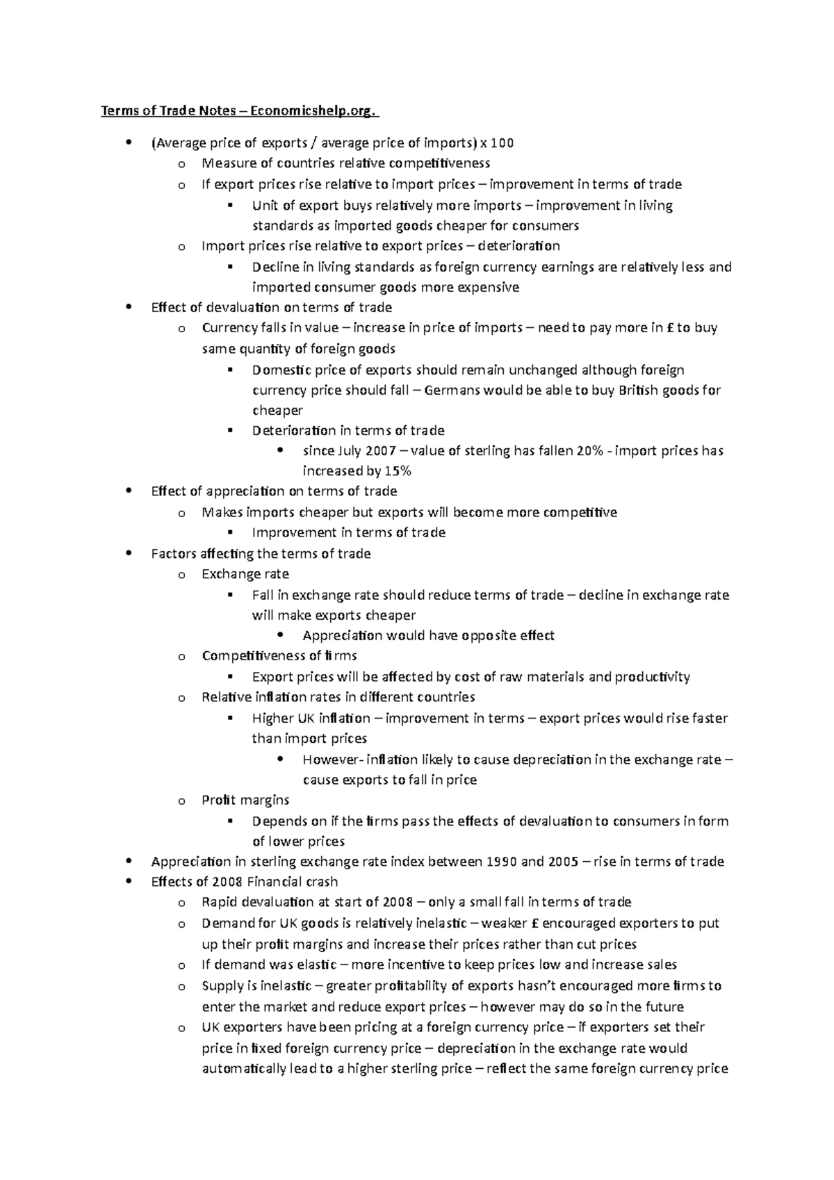 Terms of Trade Notes - Econ - Terms of Trade Notes – Economicshelp ...
