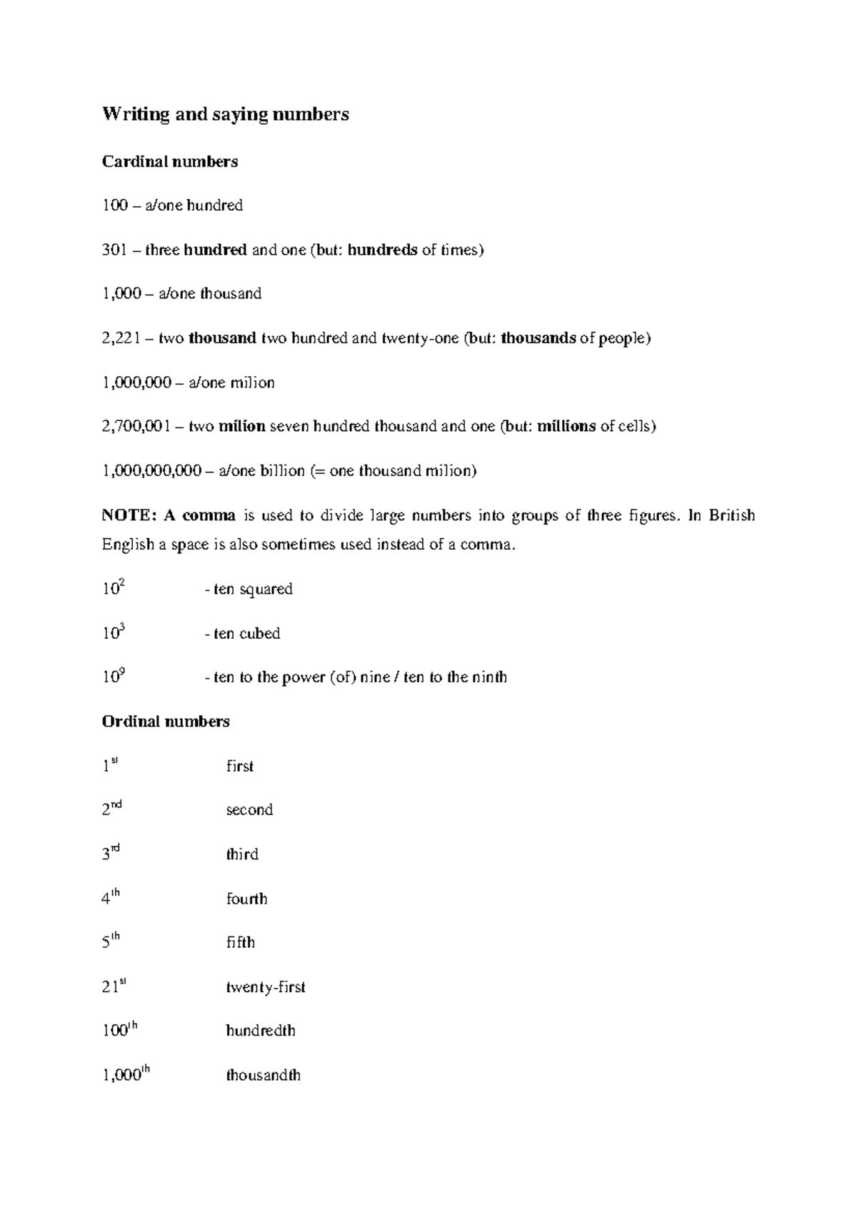 Writing and saying numbers - Writing and saying numbers Cardinal ...