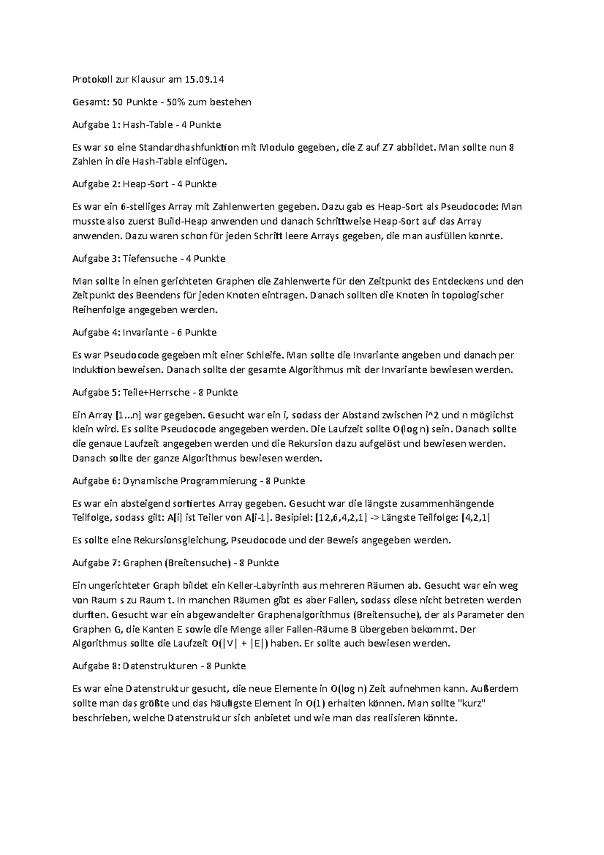 DAP 2 - Klausurprotokoll - 2014 2 - Protokoll zur Klausur am 15. Gesamt: 50 Punkte - 50% zum ...