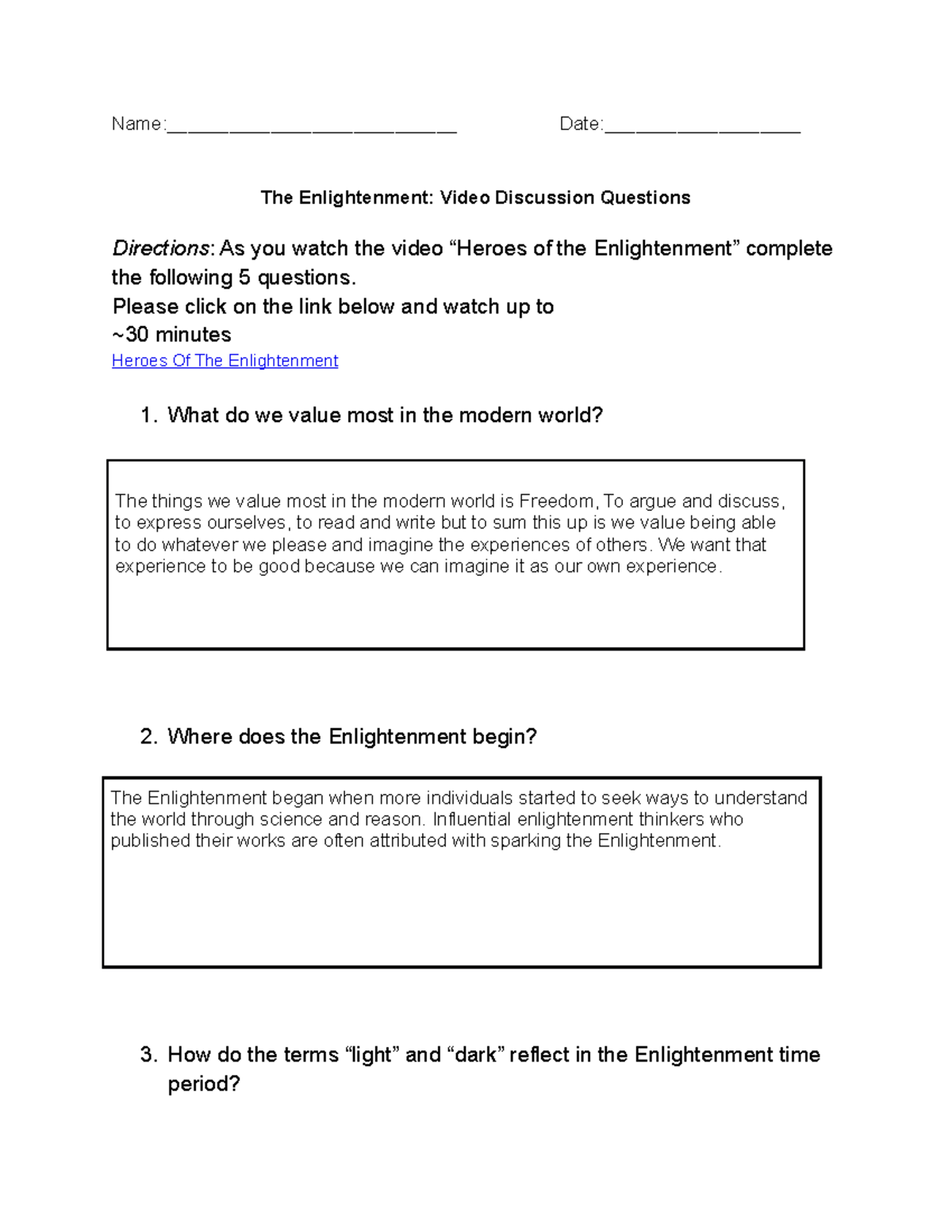 Carissa Alcindor - Enlightenment Video Discussion Questions - Name