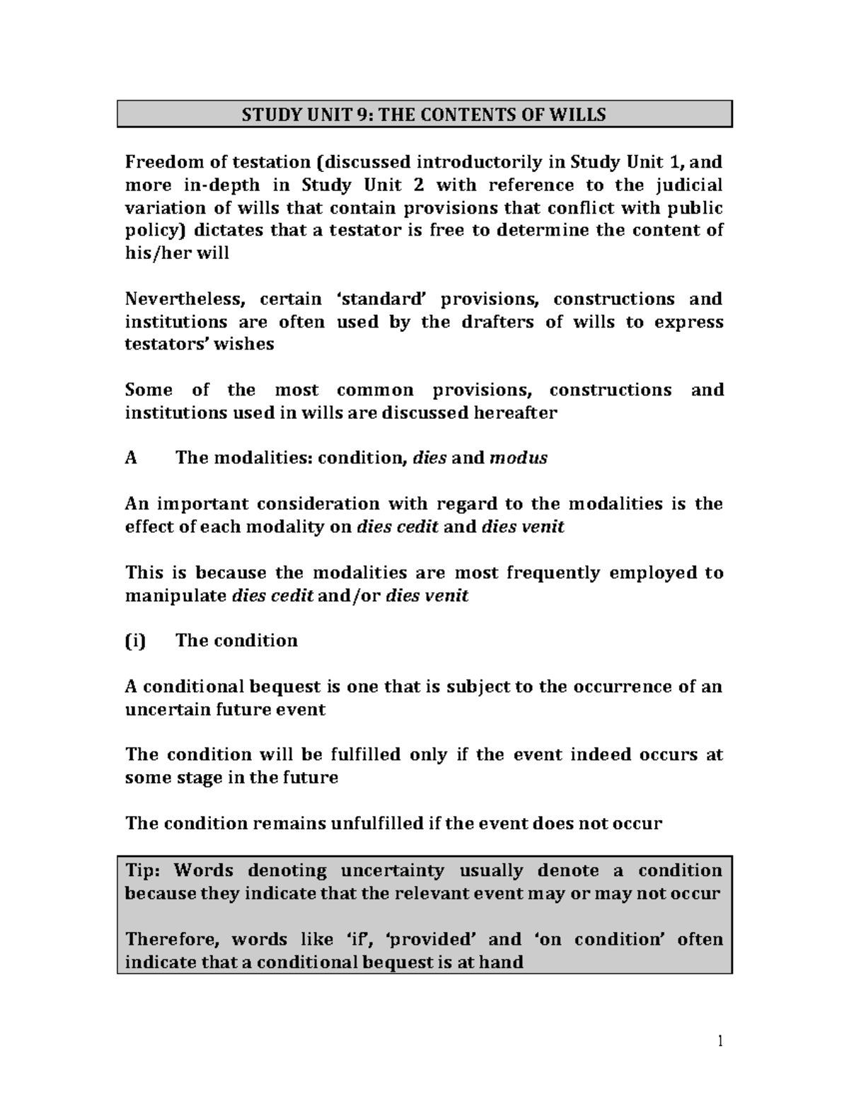 Unit 09 - SUC - STUDY UNIT 9: THE CONTENTS OF WILLS Freedom of ...