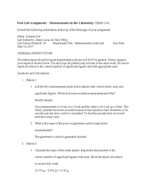 PL#3 - General Chemistry 3 - Post lab Assignment- Measurements in the ...