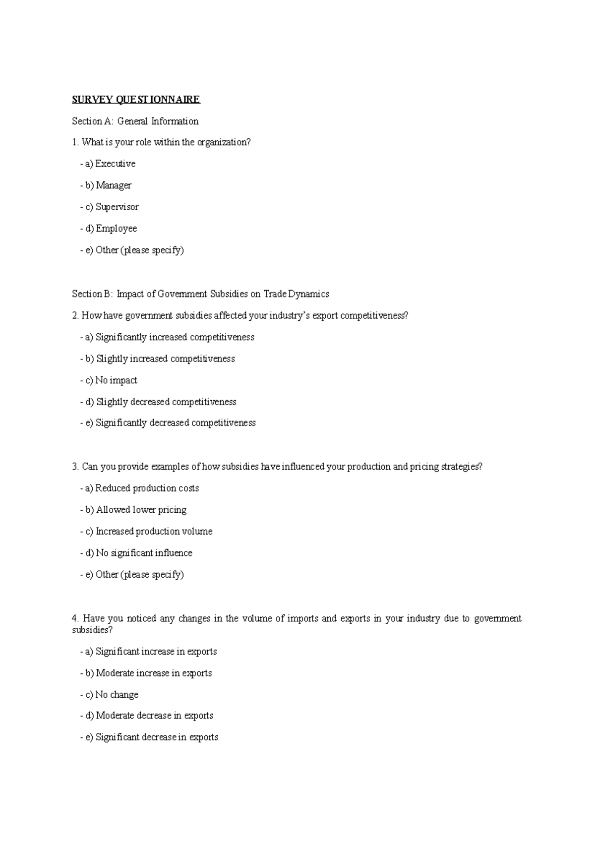 International Trade Law Draft - SURVEY QUESTIONNAIRE Section A: General ...