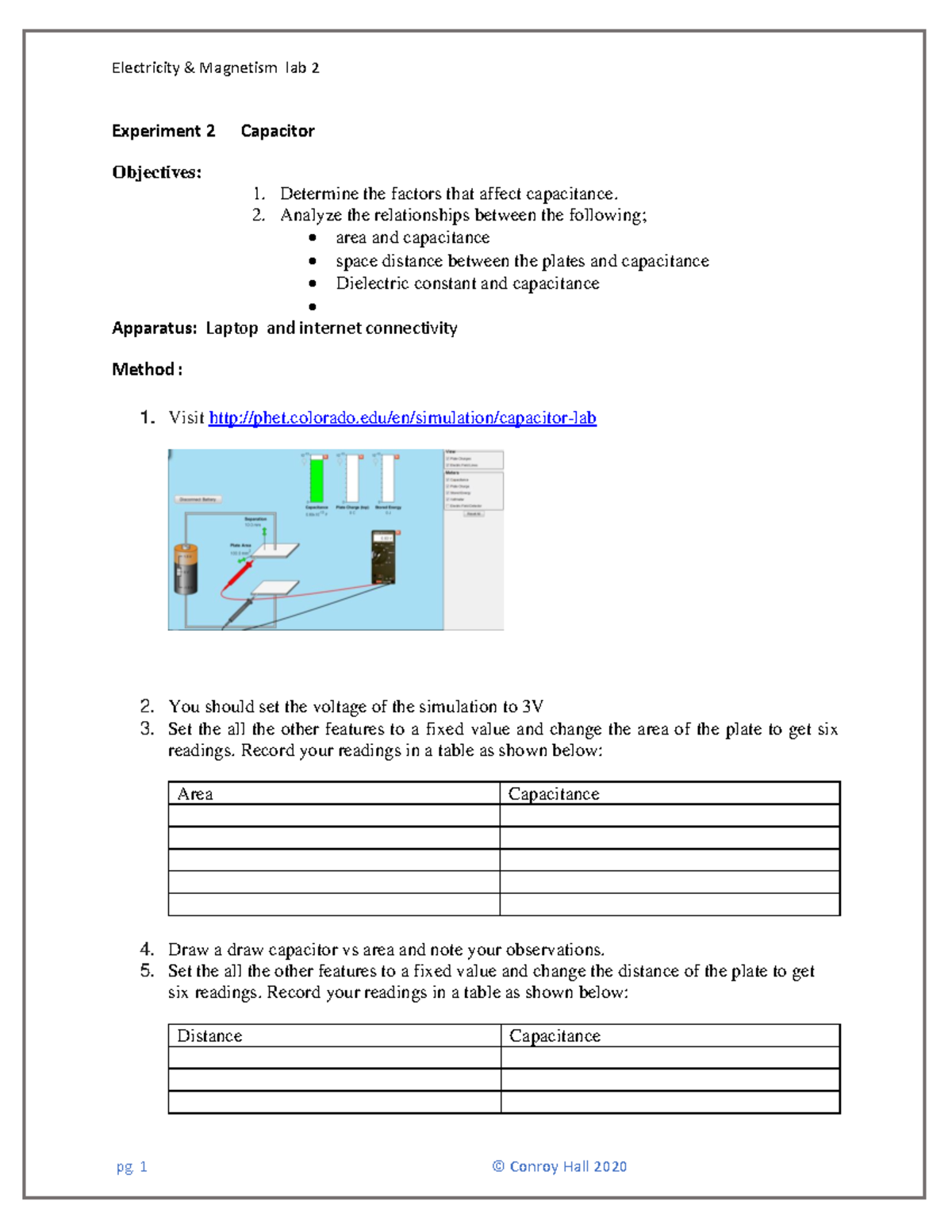 Capacitance lab - mlm,lmkmk - Electricity & Magnetism lab 2 pg. 1 ...