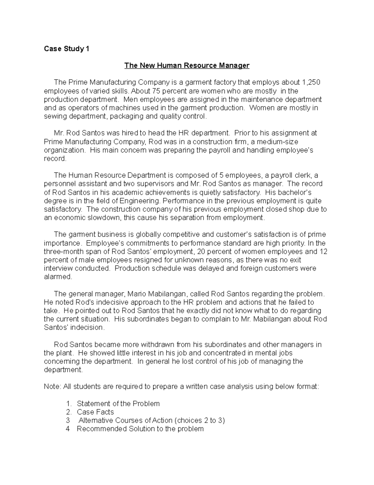 Case Study The New HR Manager - Case Study 1 The New Human Resource ...