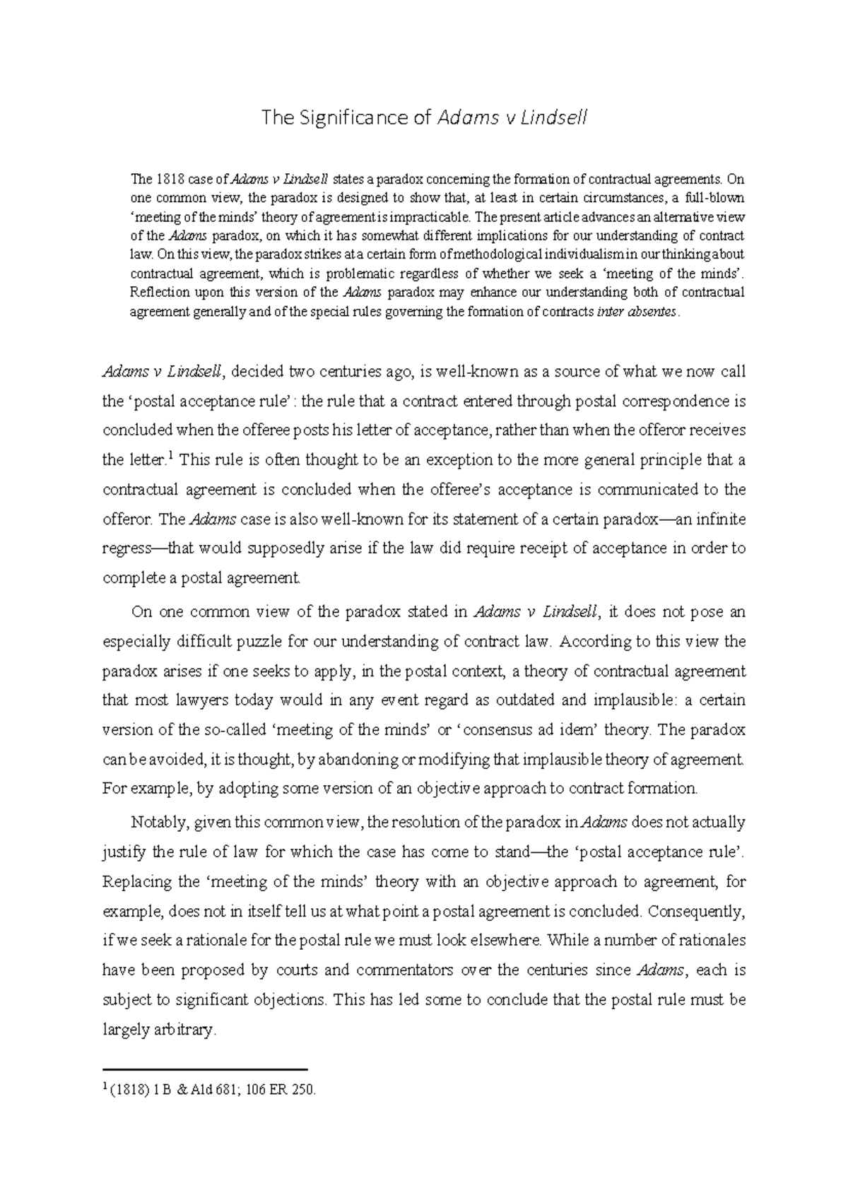 Significance of Adams v Lindsell - 1 This rule is often thought to be ...