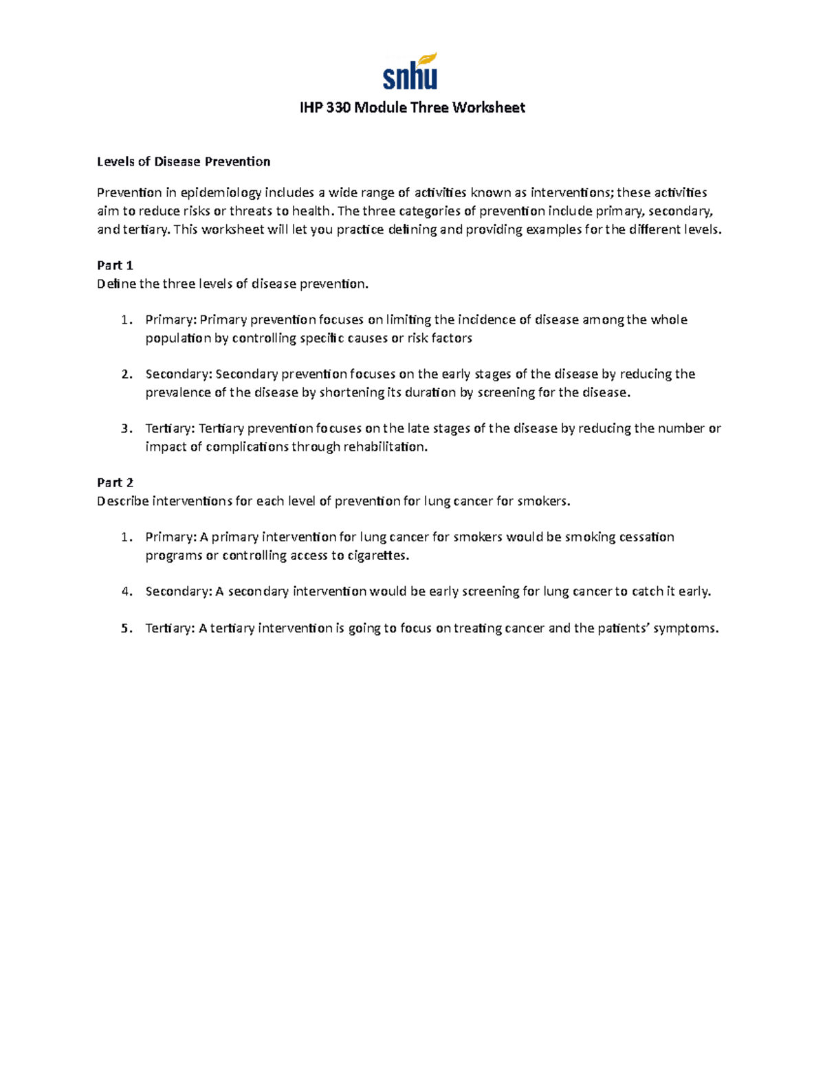 IHP 330 Module Three Worksheet - IHP 330 Module Three Worksheet Levels ...