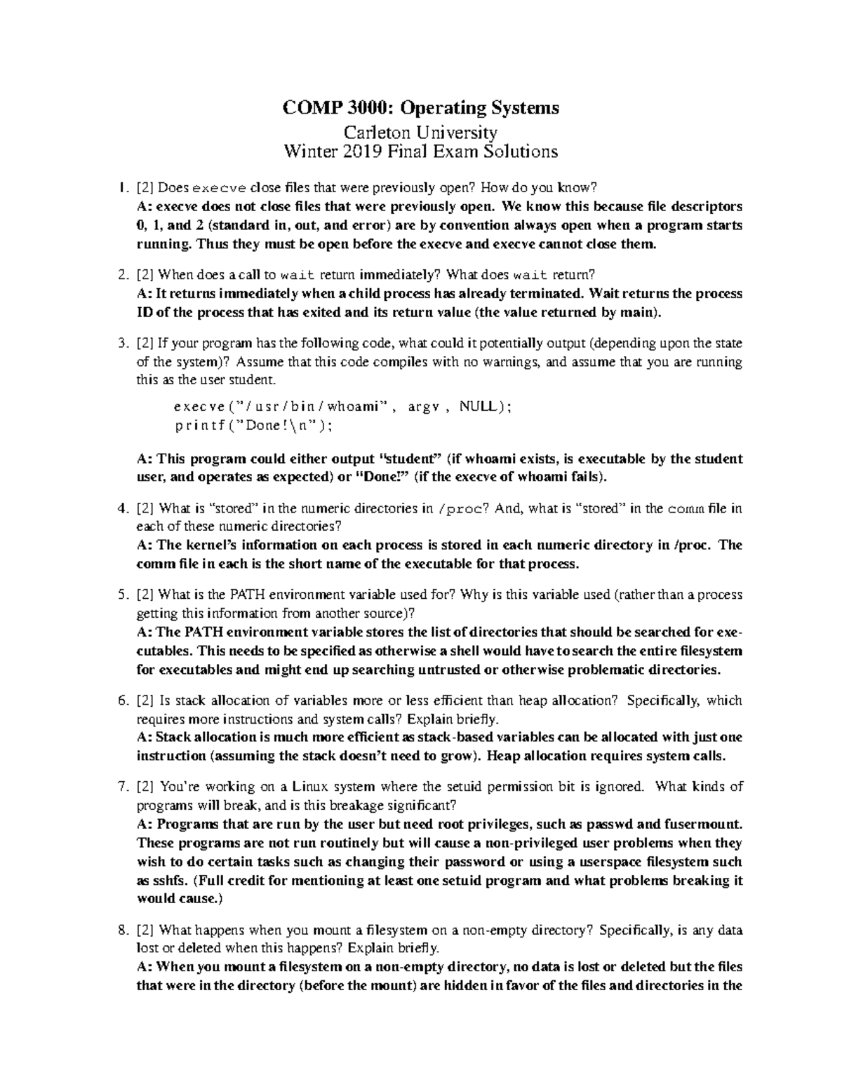 Final 2019w, answers - COMP 3000: Operating Systems Carleton University Winter 2019 Final Exam ...