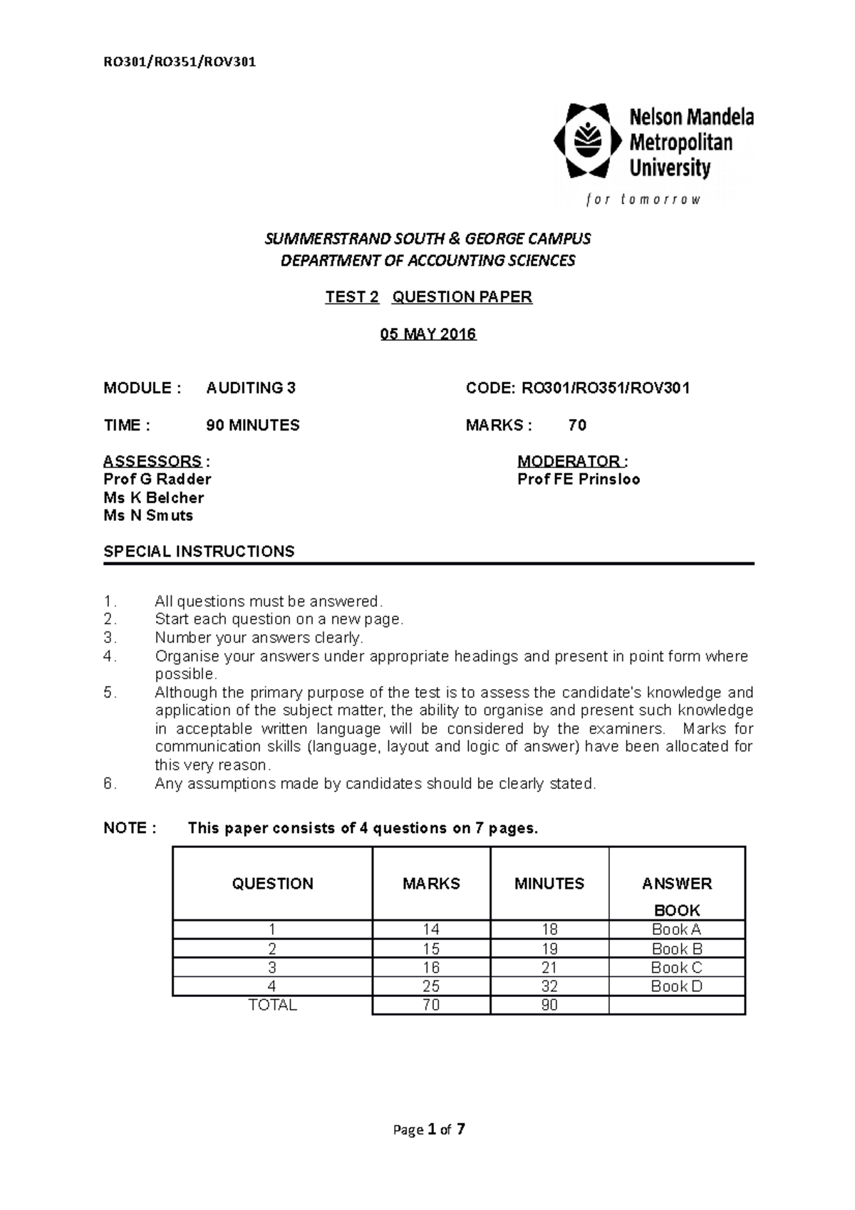 RO301 Test 2 Questions 2016 - SUMMERSTRAND SOUTH & GEORGE CAMPUS ...