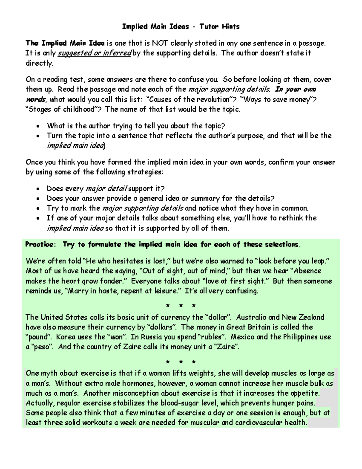 Implied Main Idea Hints Implied Main Ideas Tutor Hints The Implied 