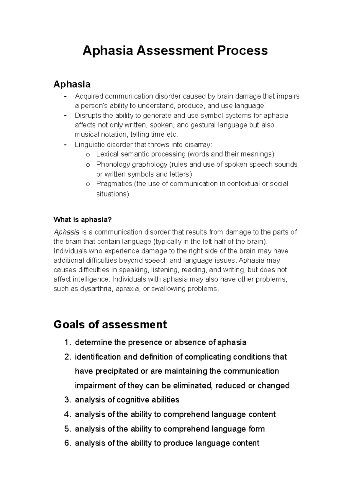Lecture notes, lecture 2 - Definition of aphasia, explores goals of ...