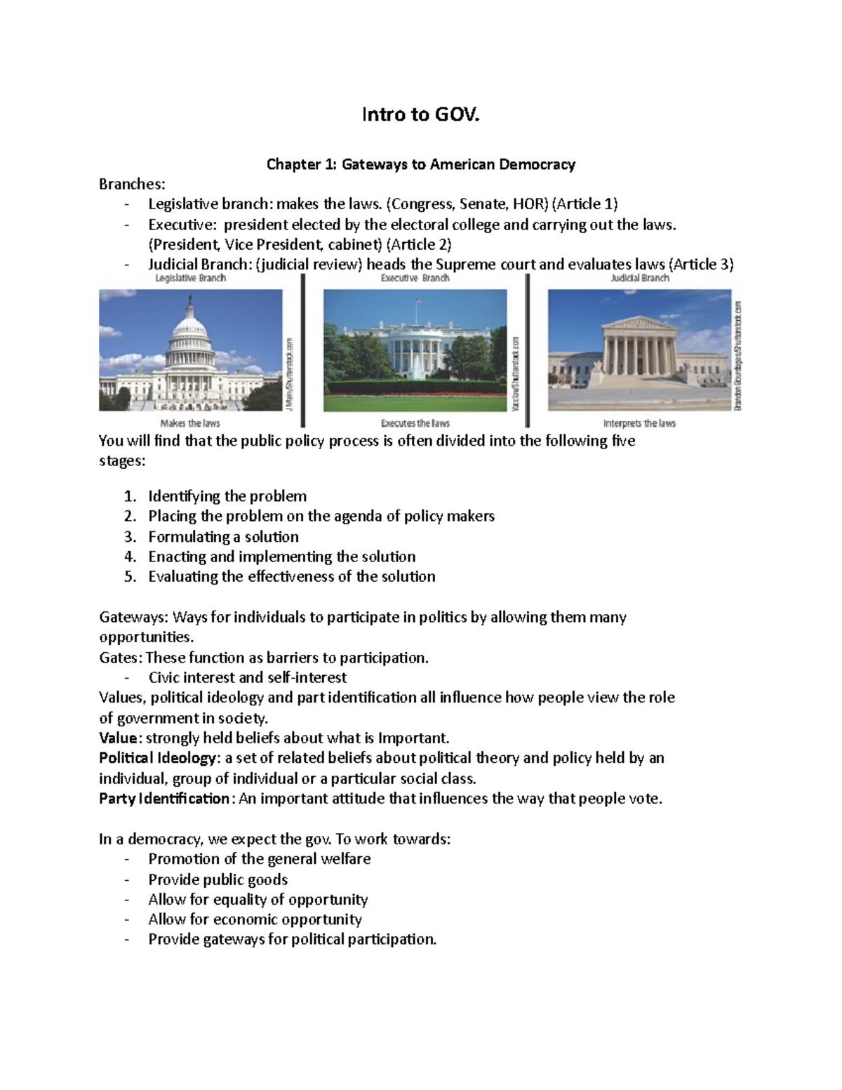 Intro to gov Chap 1 - Intro to GOV. Chapter 1: Gateways to American ...
