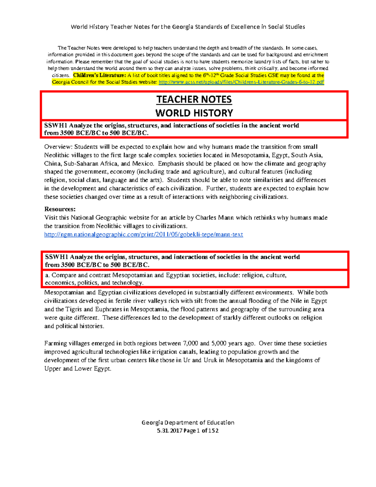 Social Studies World History Teacher Notes - Georgia Department of ...