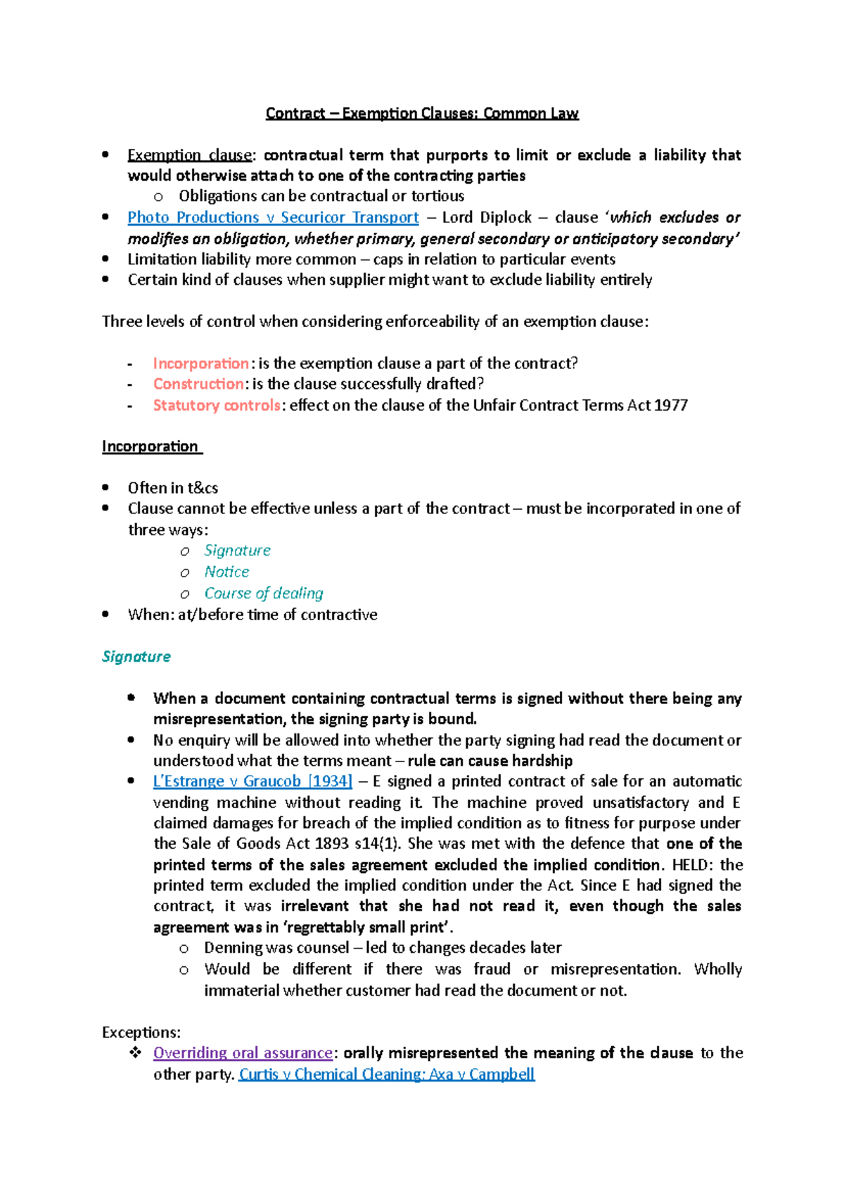 Contract – Exemption Clauses common law - No enquiry will be allowed ...
