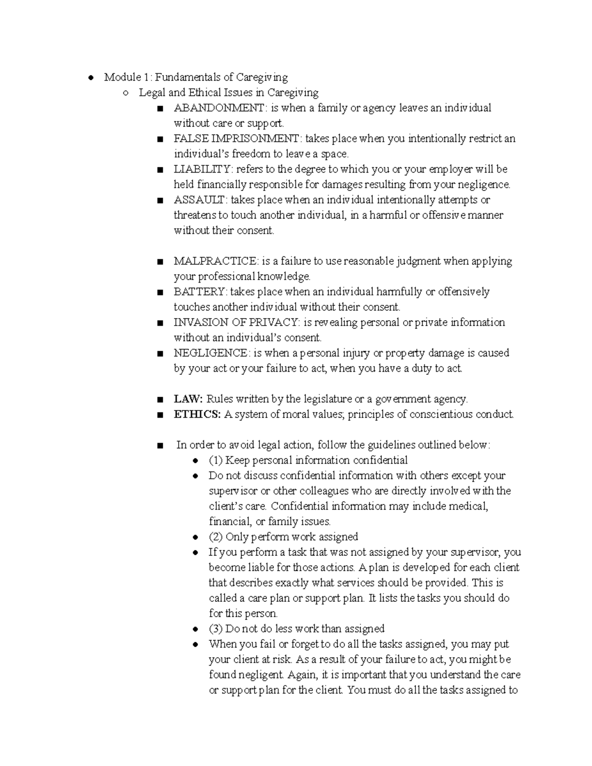 Alison - Side notes - Module 1: Fundamentals of Caregiving Legal and ...