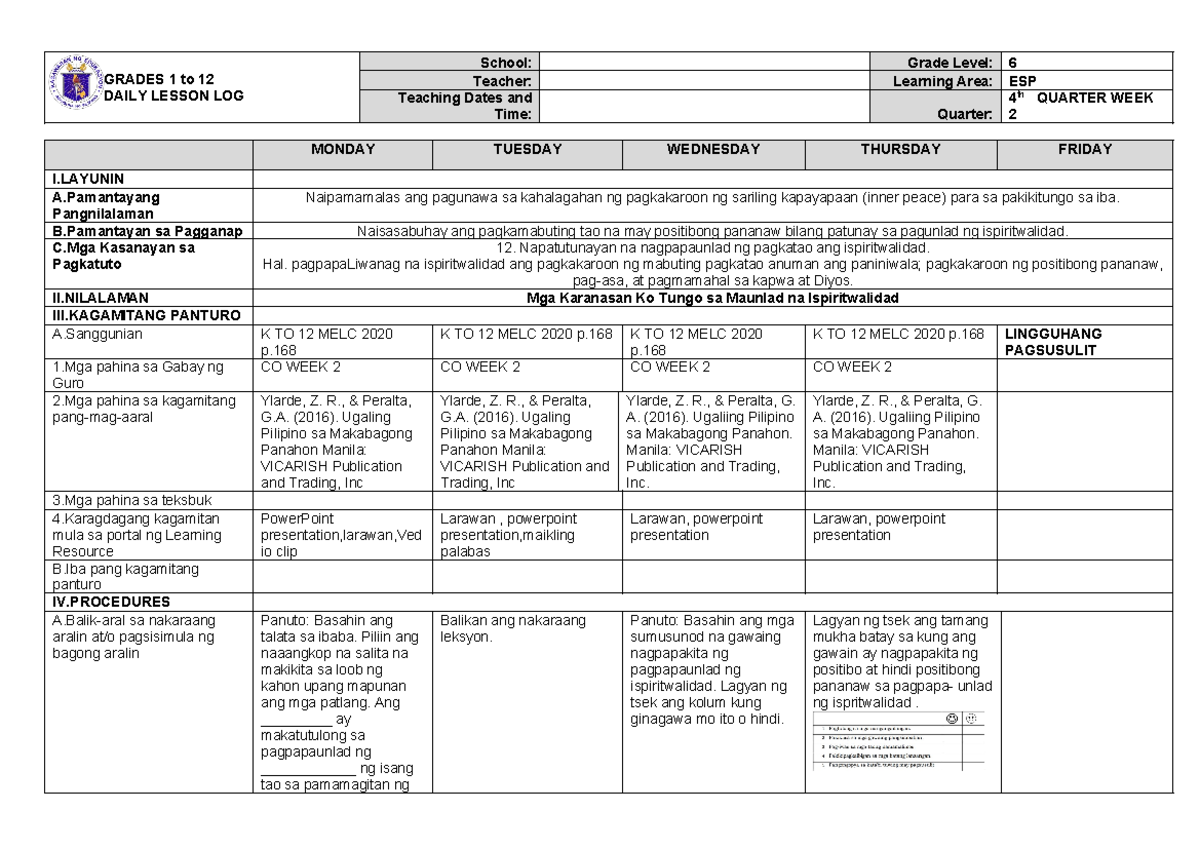 DLL G6-ESP Q4 W2 - ADFSADFSD - GRADES 1 to 12 DAILY LESSON LOG School: Grade Level: 6 Teacher ...