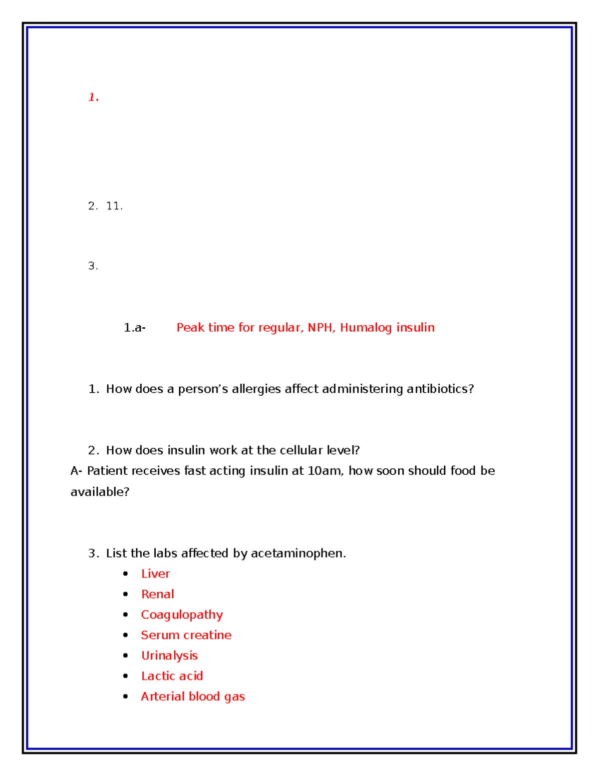 Pharm Midterm Study Guide - 1- Peak time for regular, NPH, Humalog ...