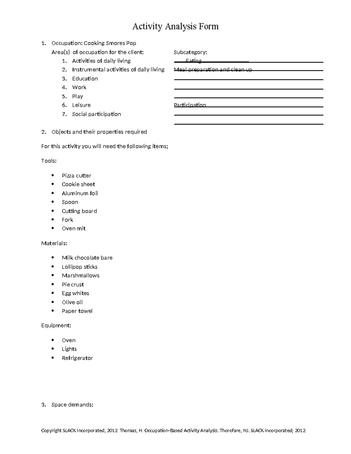 Activity Analysis Form - Occupation: Cooking Smores Pop Area(s) of ...