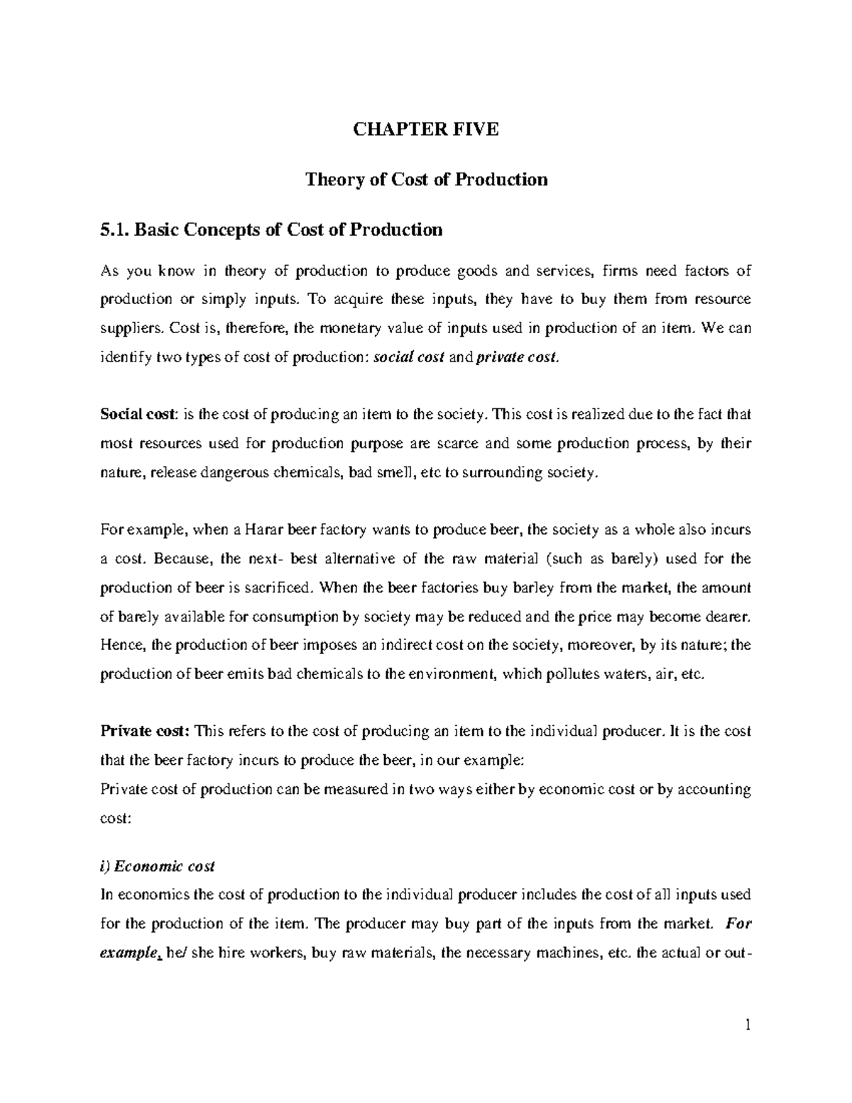 Microeconomics Handout for MGT 2024 - CHAPTER FIVE Theory of Cost of ...