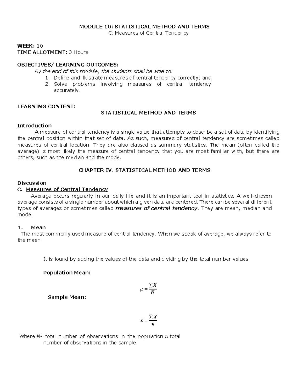 GEC 005 Module Week 10-1 - MODULE 10: STATISTICAL METHOD AND TERMS C. Measures of Central ...